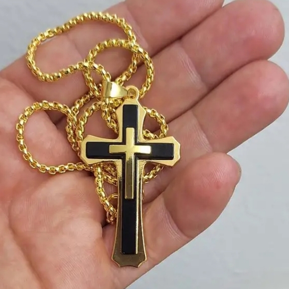 Accessories | Blk W Slvr Or Gold Overlay Dbl Cross | Poshmark